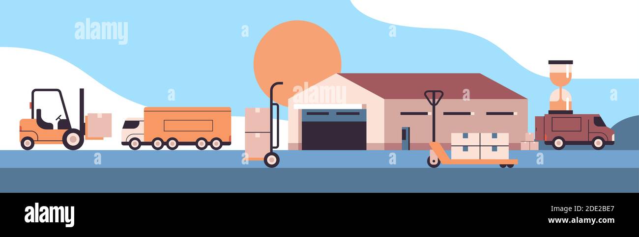 logistic transport near warehouse loading cardboard boxes product goods ...