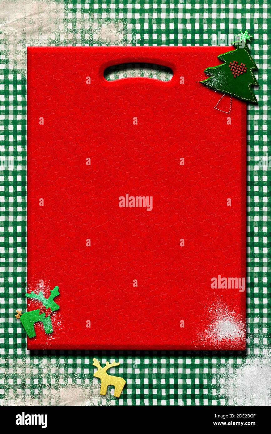 Christmas menu background. Red vintage cutting board on rustic ...