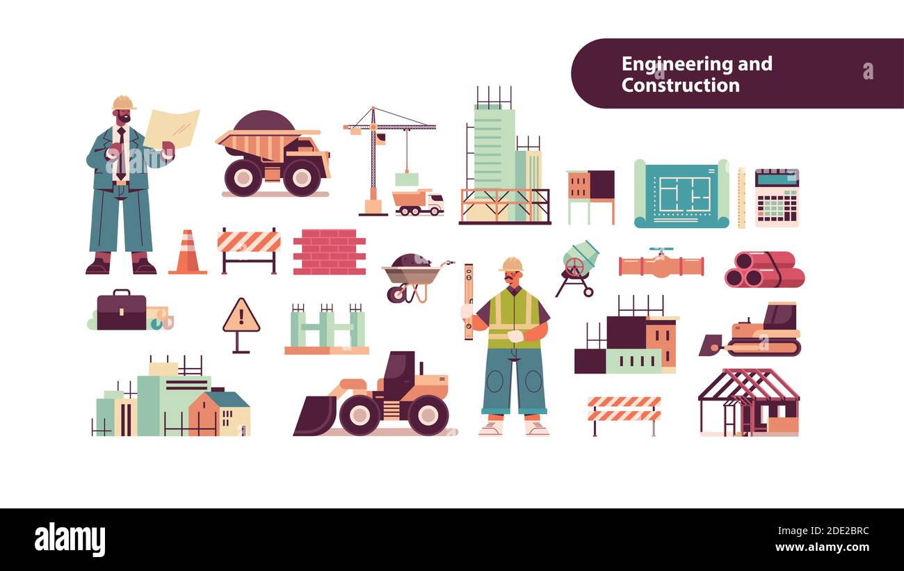set engineering tools icons with mix race architect and engineer in ...