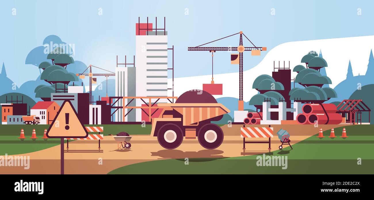 home construction building engineering concept cranes and trucks ...