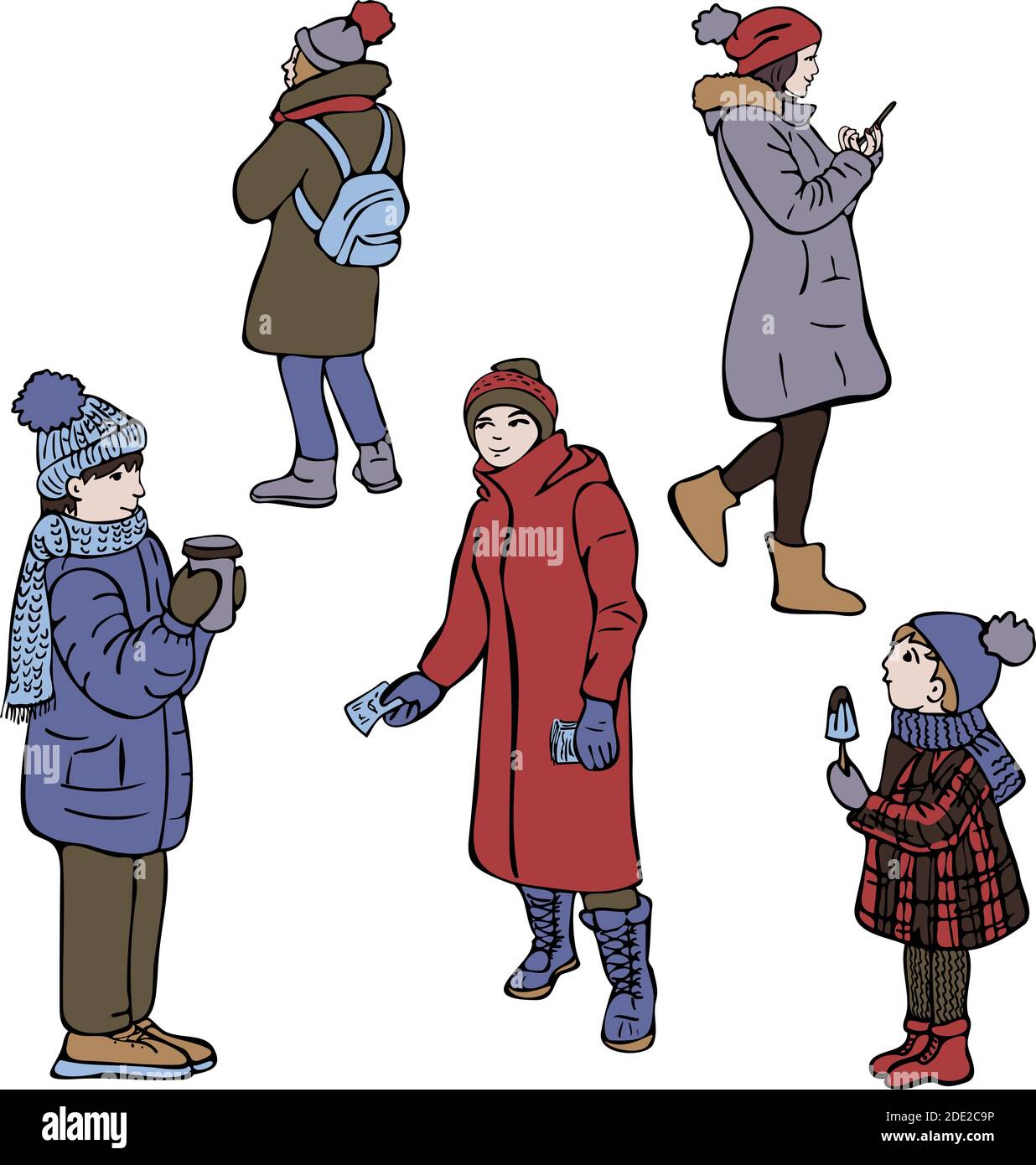 Vector collection of people in winter clothes. Seasonal cartoon ...