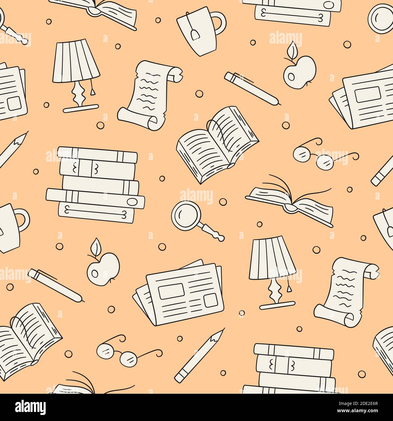 Library seamless pattern. Paper books, newspaper, glasses, magnifier in ...