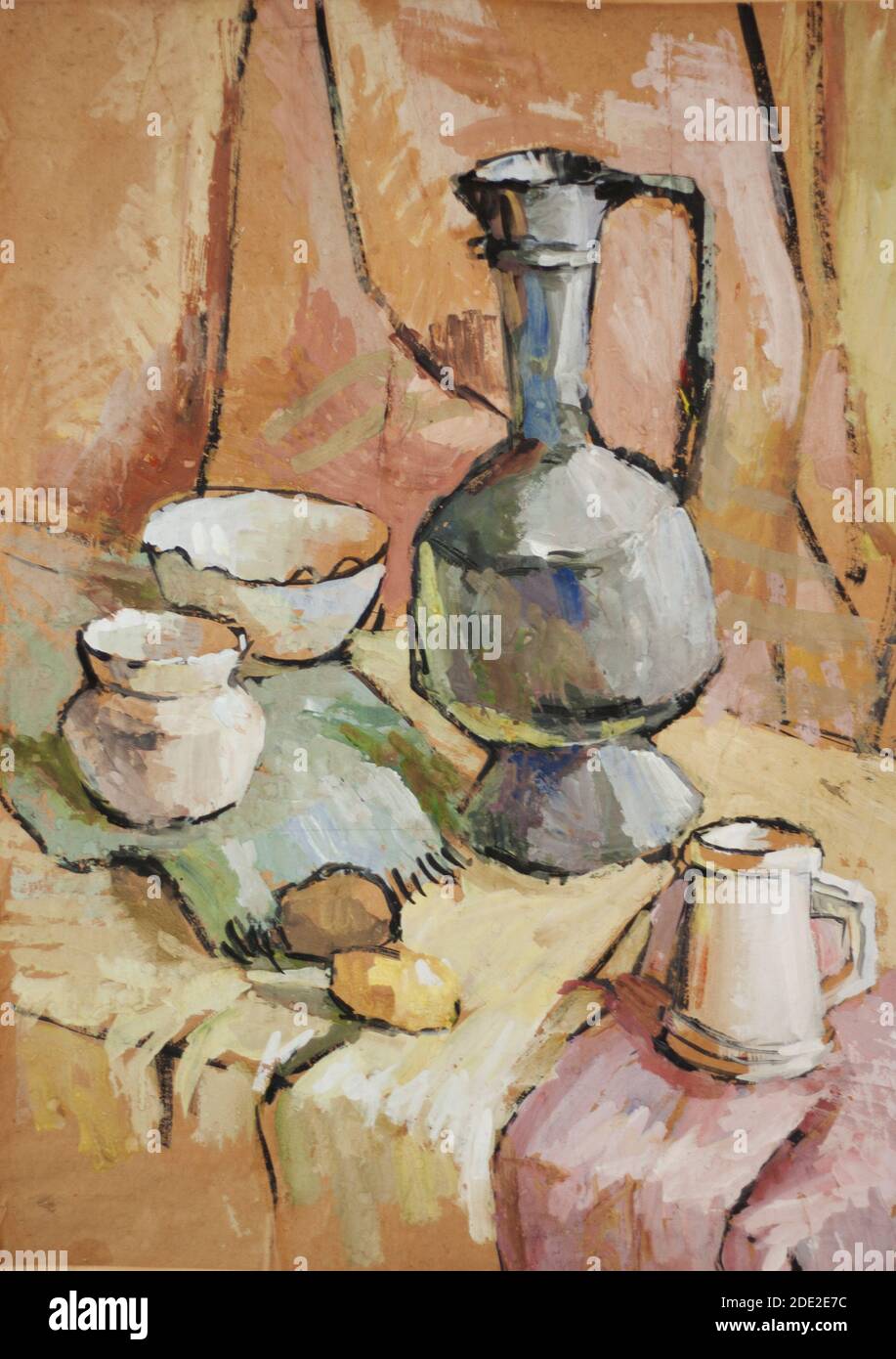 Still life with bowls and metal vase gouache painting Stock Photo - Alamy