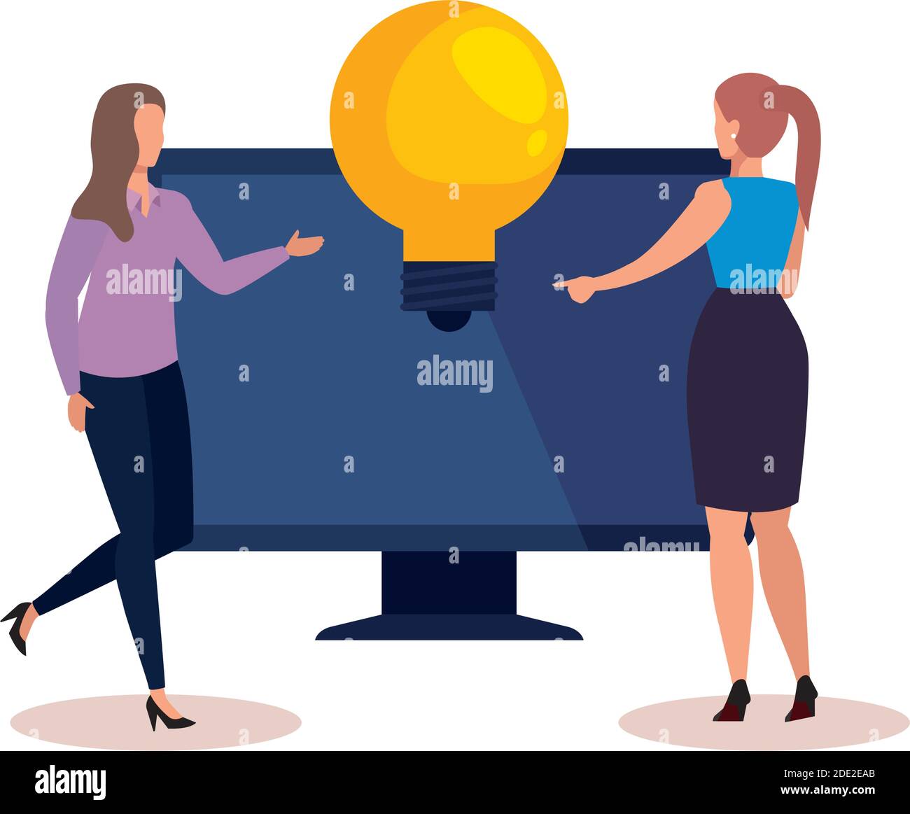 Creative people of women with computer and light bulb vector design ...