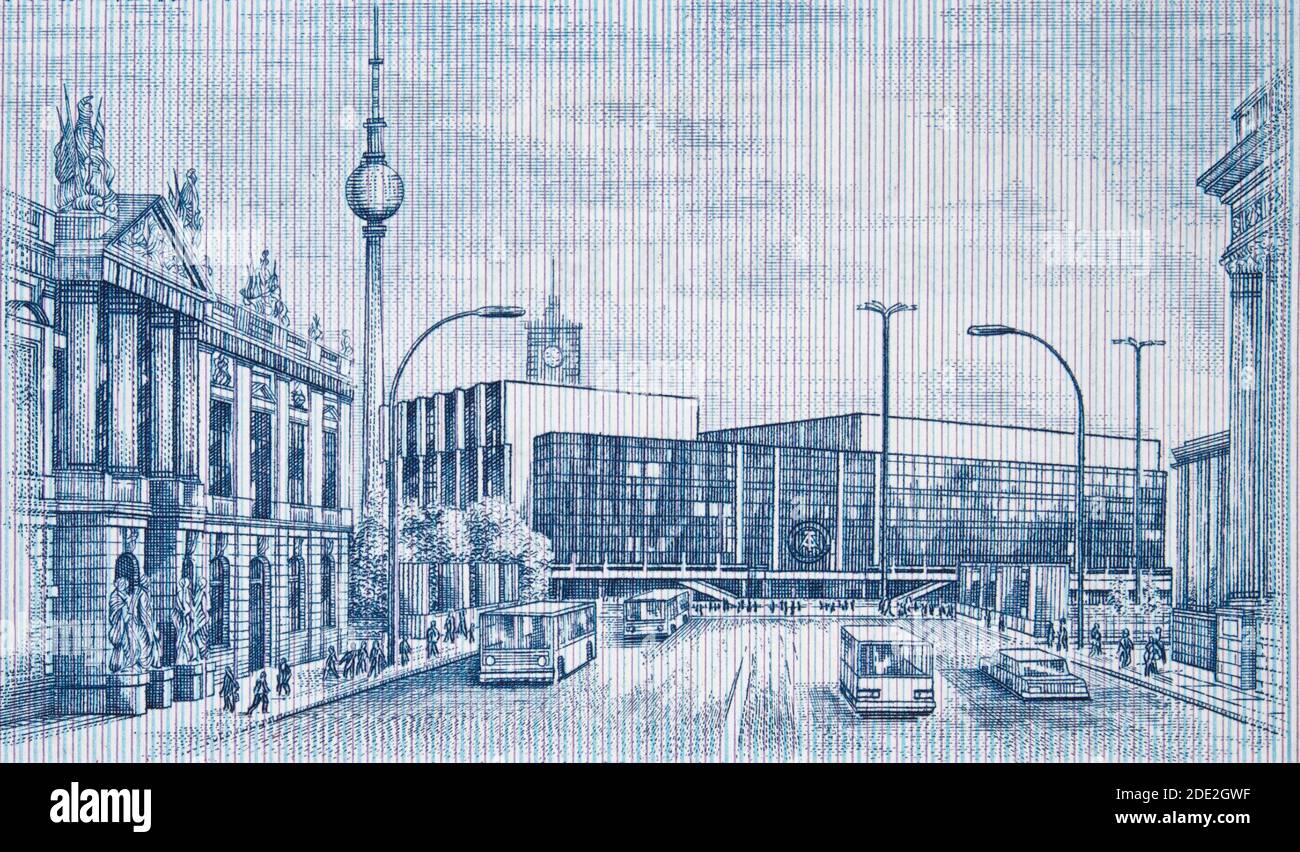 Street scene in East Berlin on East German 100 mark (1975) banknote ...