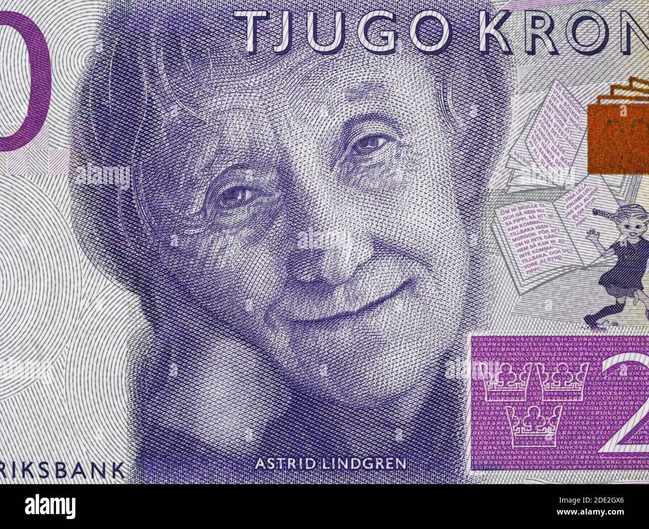 Astrid Lindgren portrait on Sweden 20 krona (2015) banknote closeup ...