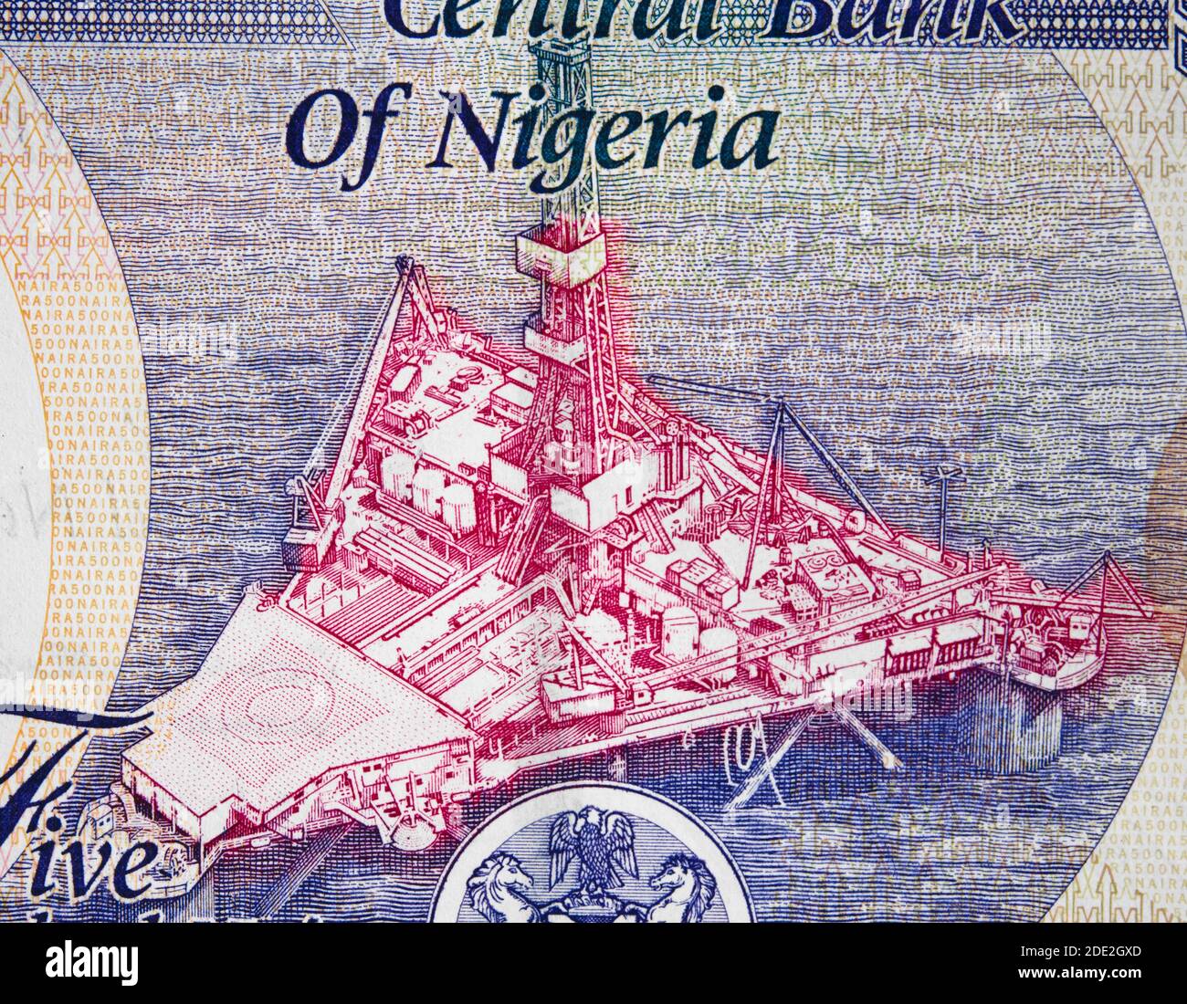 Offshore oil platform on Nigeria 500 naira (2016) banknote closeup ...