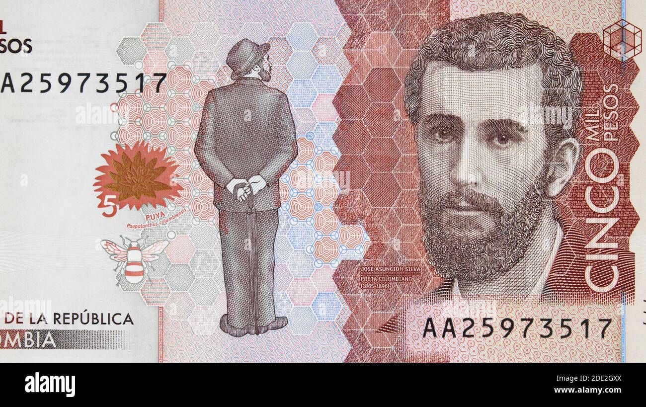 Jose Asuncion Silva portrait on Colombia currency 5000 peso (2016 ...