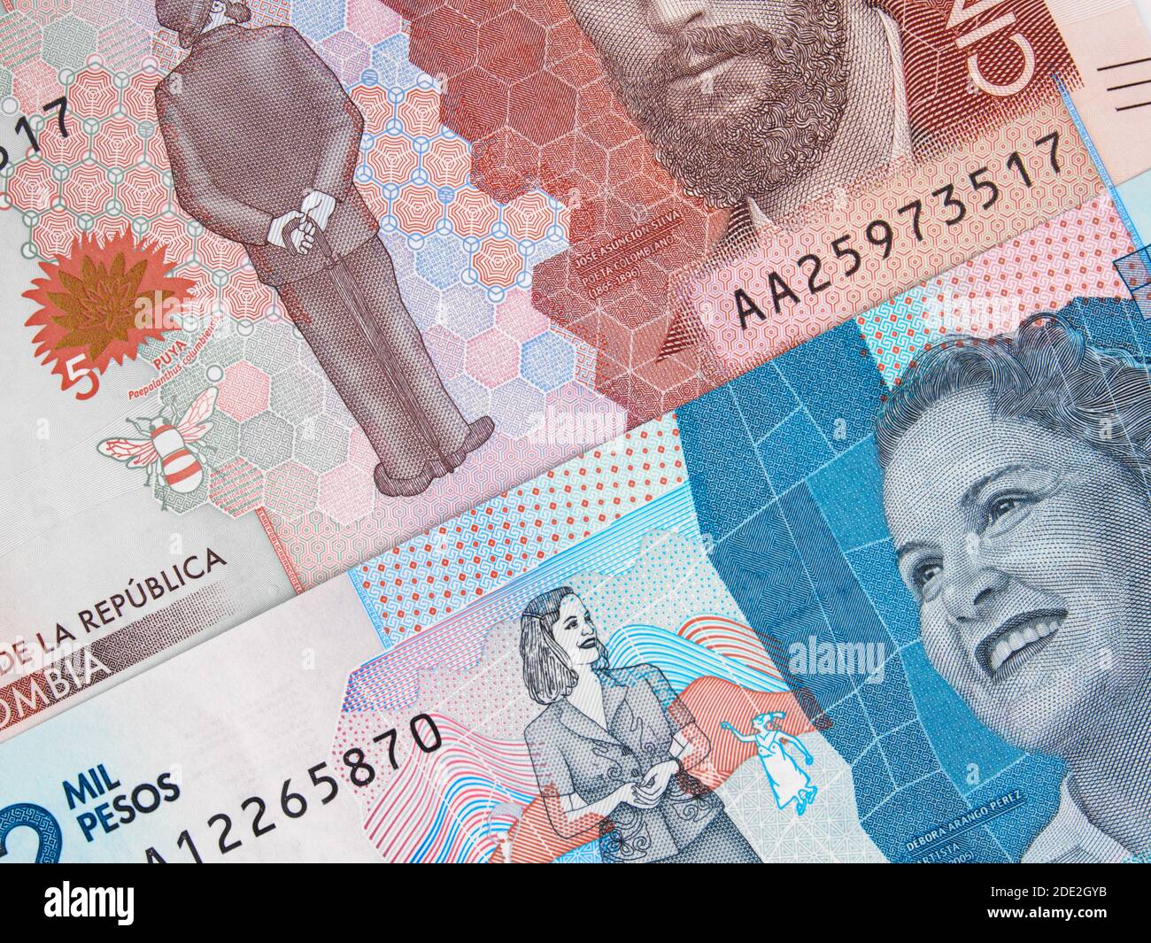 Colombia currency 2000 and 5000 peso banknotes, Colombian money close ...