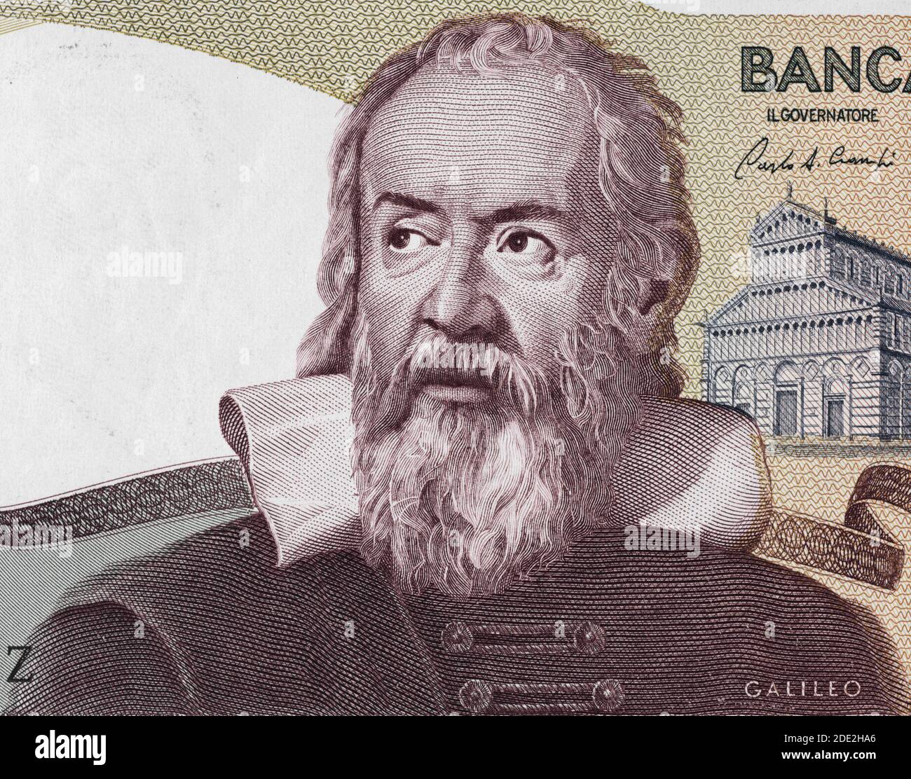 Galileo Galilei portrait on Italy 2000 lira (1983) banknote closeup ...