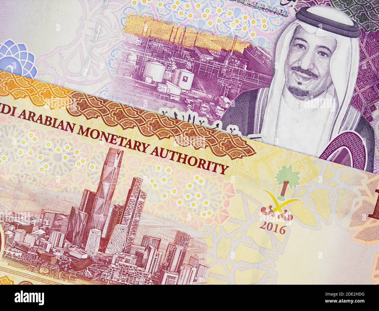 Saudi Arabia currency 5 and 10 riyal (2016) banknotes closeup, Saudi ...