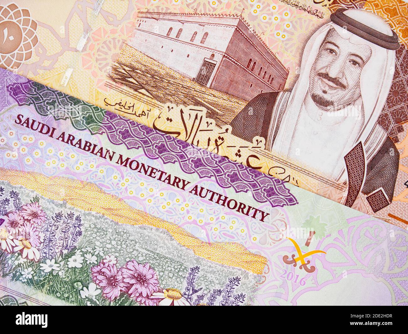 Saudi Arabia currency 5 and 10 riyal (2016) banknotes closeup, Saudi ...