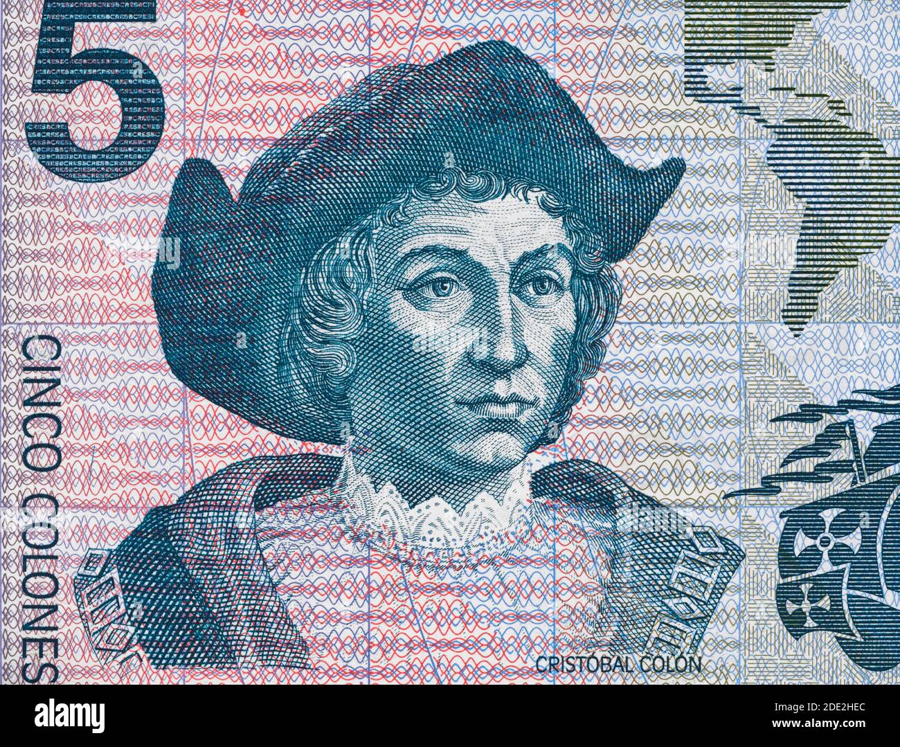 Christopher Columbus portrait on Salvador 5 Colones (1997) banknote ...
