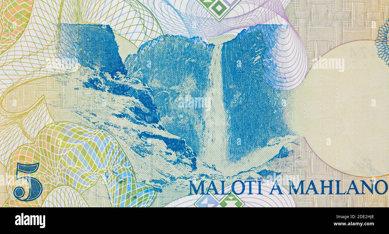 Waterfall on Lesotho 5 Maloti (1989) banknote, African money closeup ...