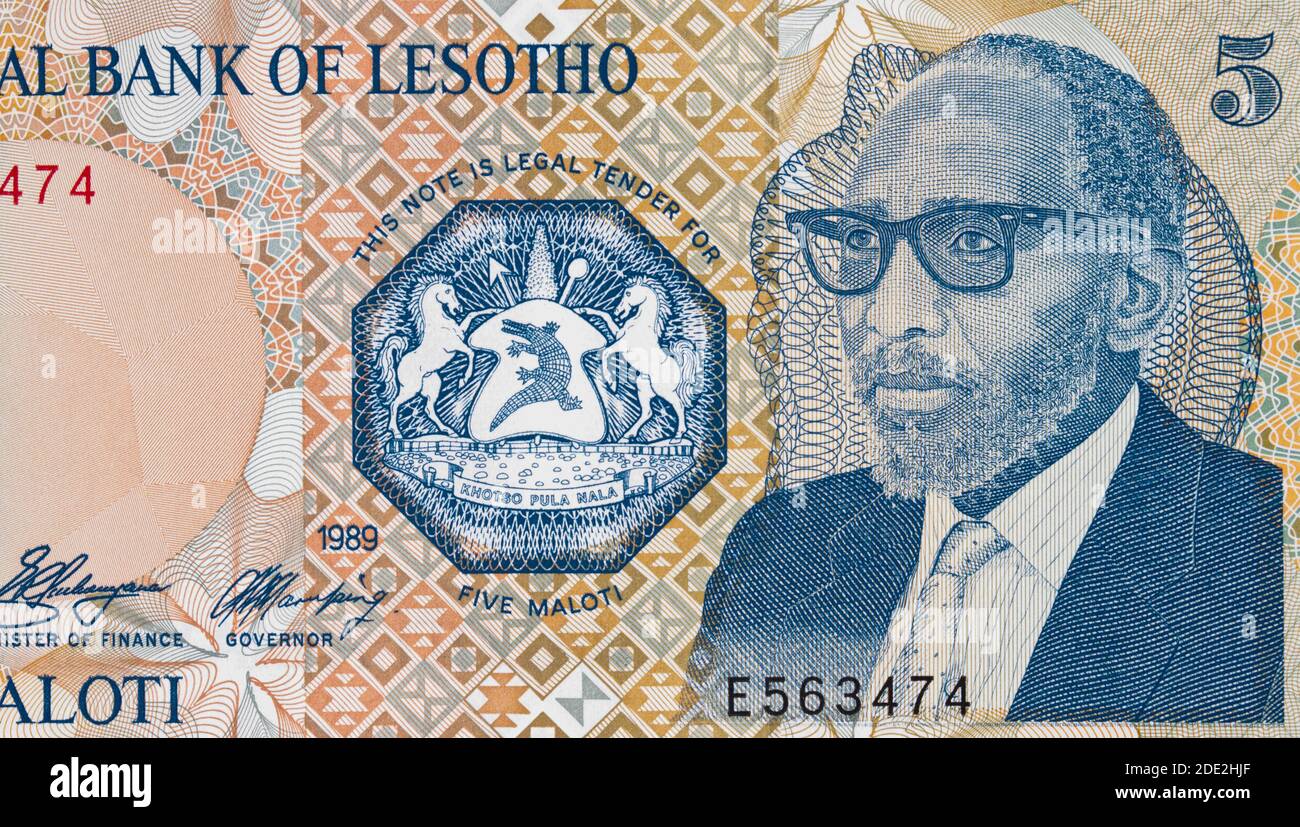 King Moshoeshoe II face portrait on Lesotho 5 Maloti (1989) banknote ...