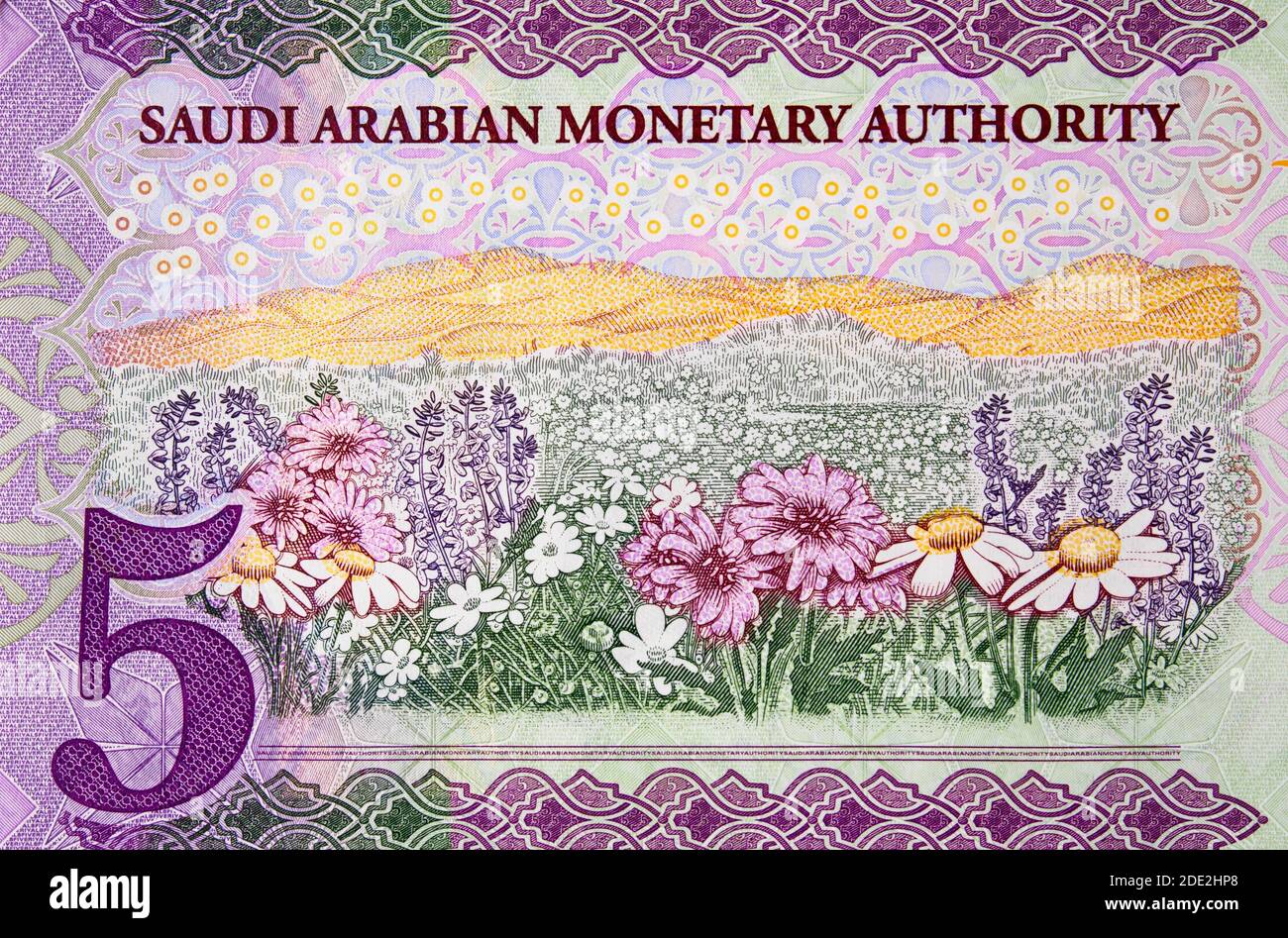 Saudi Arabia 5 riyal (2016) banknote fragment, flower meadow, Saudi ...