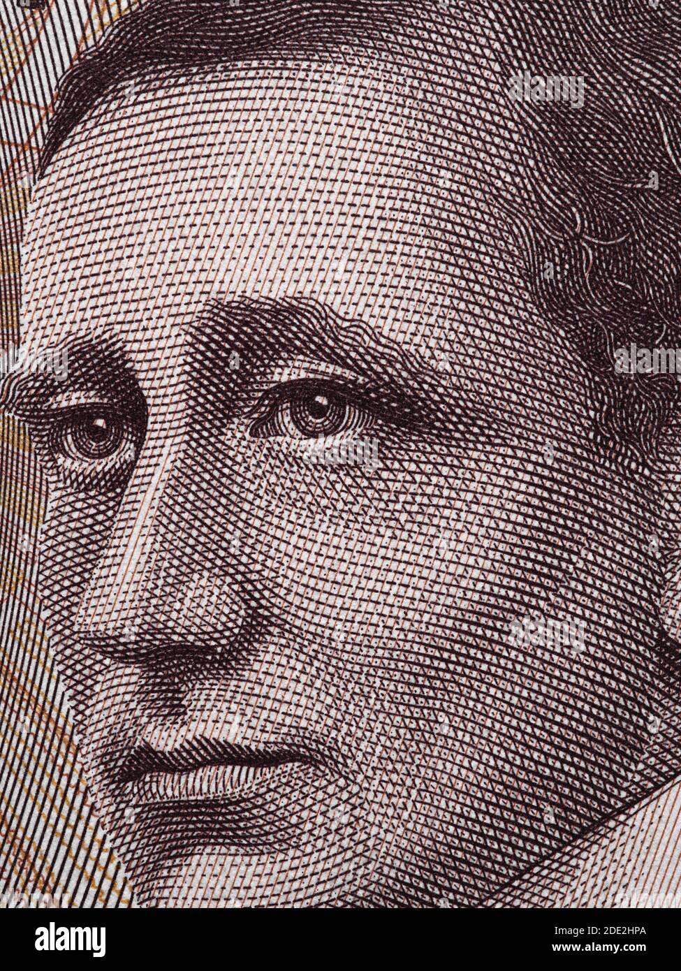 Guglielmo Marconi (1874-1937) face portrait on Italy 2000 lira banknote ...