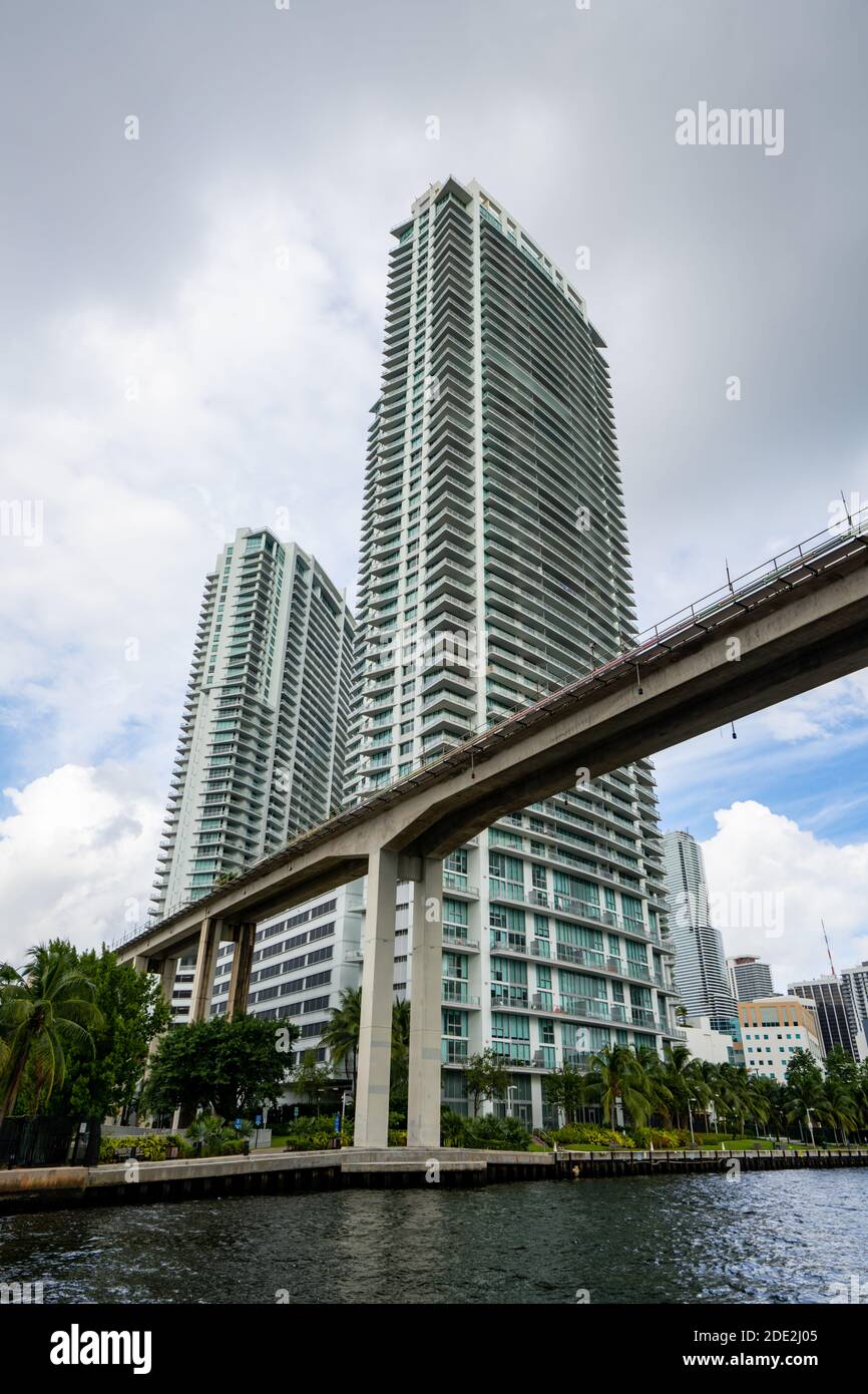 MIAMI, FL, USA - NOVEMBER 27, 2020: Towers on the Miami River with ...