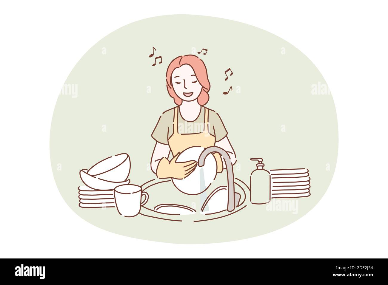 Washing Dishes Housework Cleaning Concept Young Smiling Woman