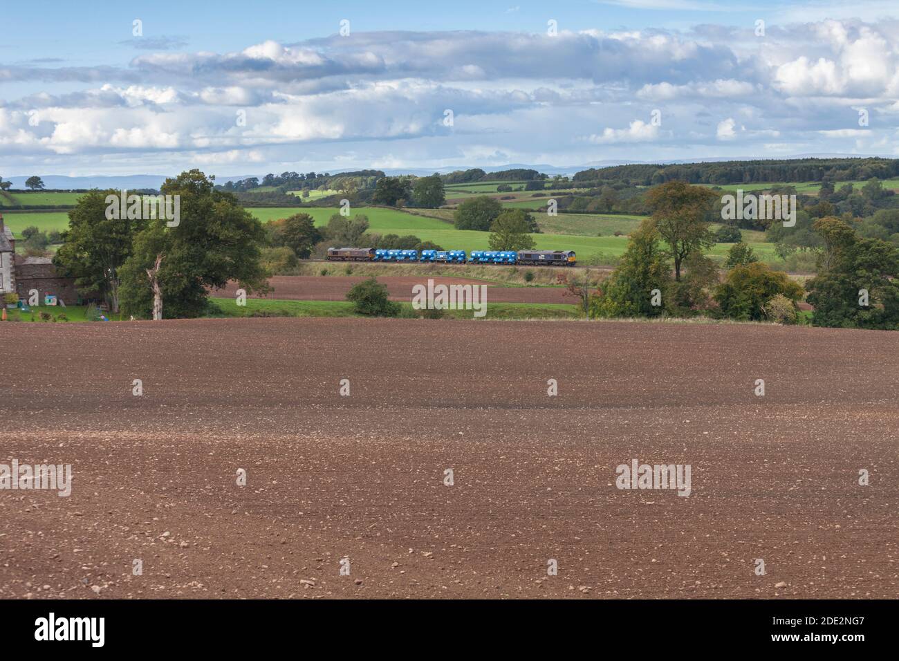 Direct Rail Services class 66 locomotives in the countryside with a ...