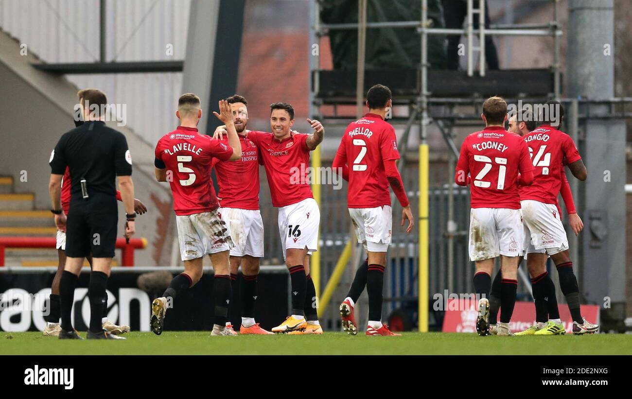 Morecambe celebrate their fourth goal, an own goal by Solihull Moors ...