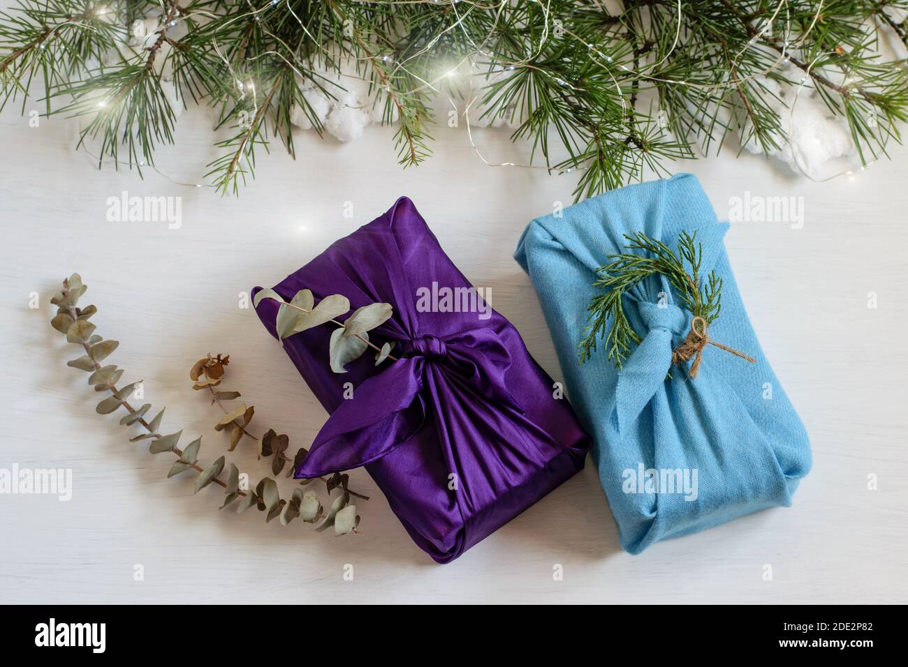 Handmade christmas gift boxes wrapped in textile cloth in japanese ...
