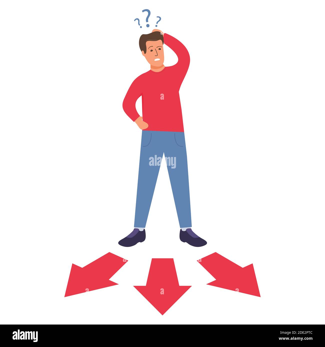 Choice way.Man standing at crossroads arrows.Guy standing choice of ...