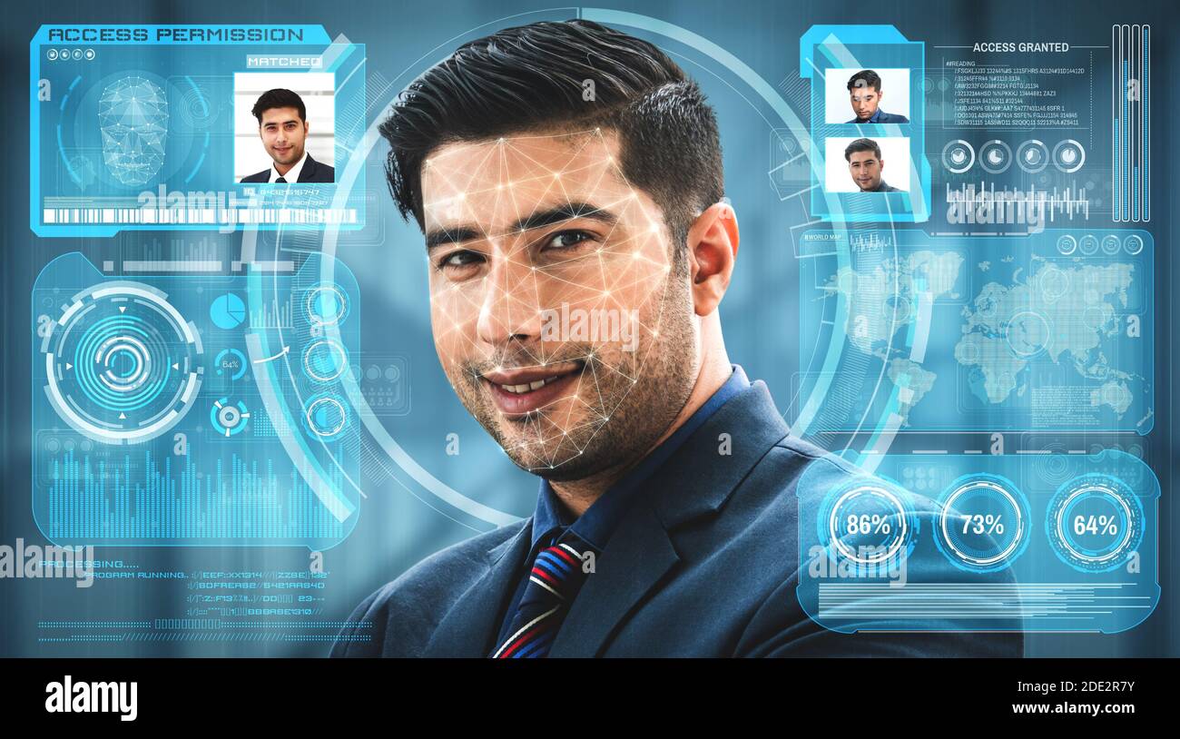 Facial recognition technology scan and detect people face for identification . Future concept ...