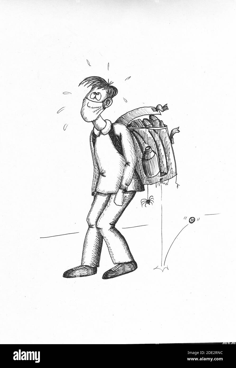 Schoolboy wearing mask carrying a heavy backpack. Illustration Stock ...