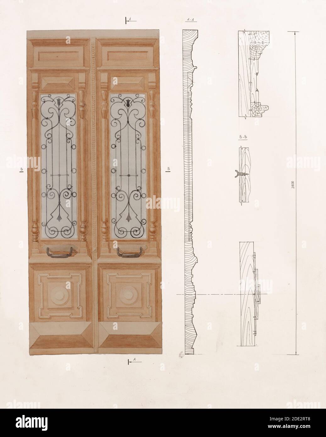 Architectural drawing of antique wooden door with a details and ...