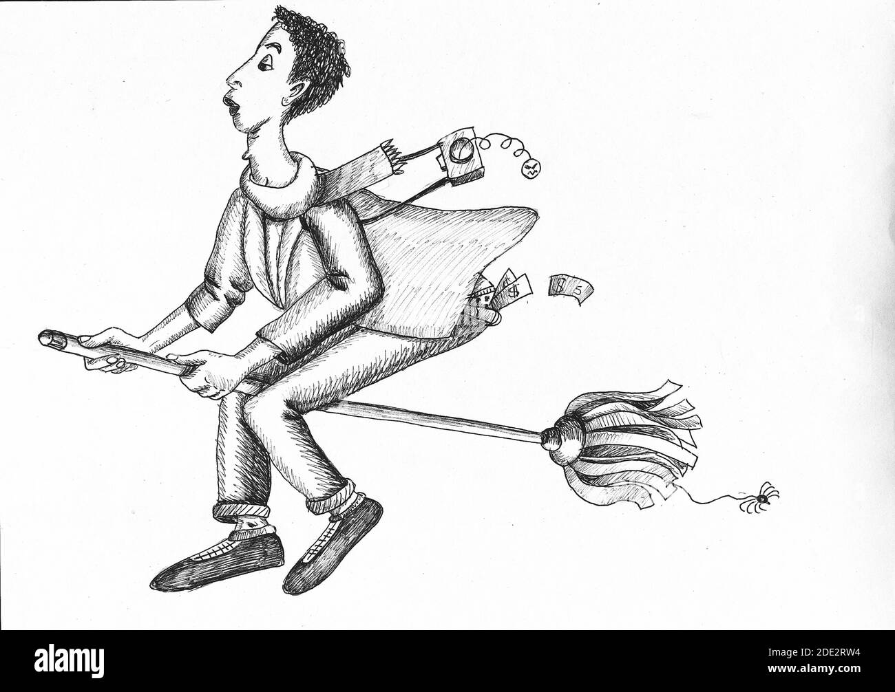 Young wizard riding a mop. Illustration Stock Photo - Alamy