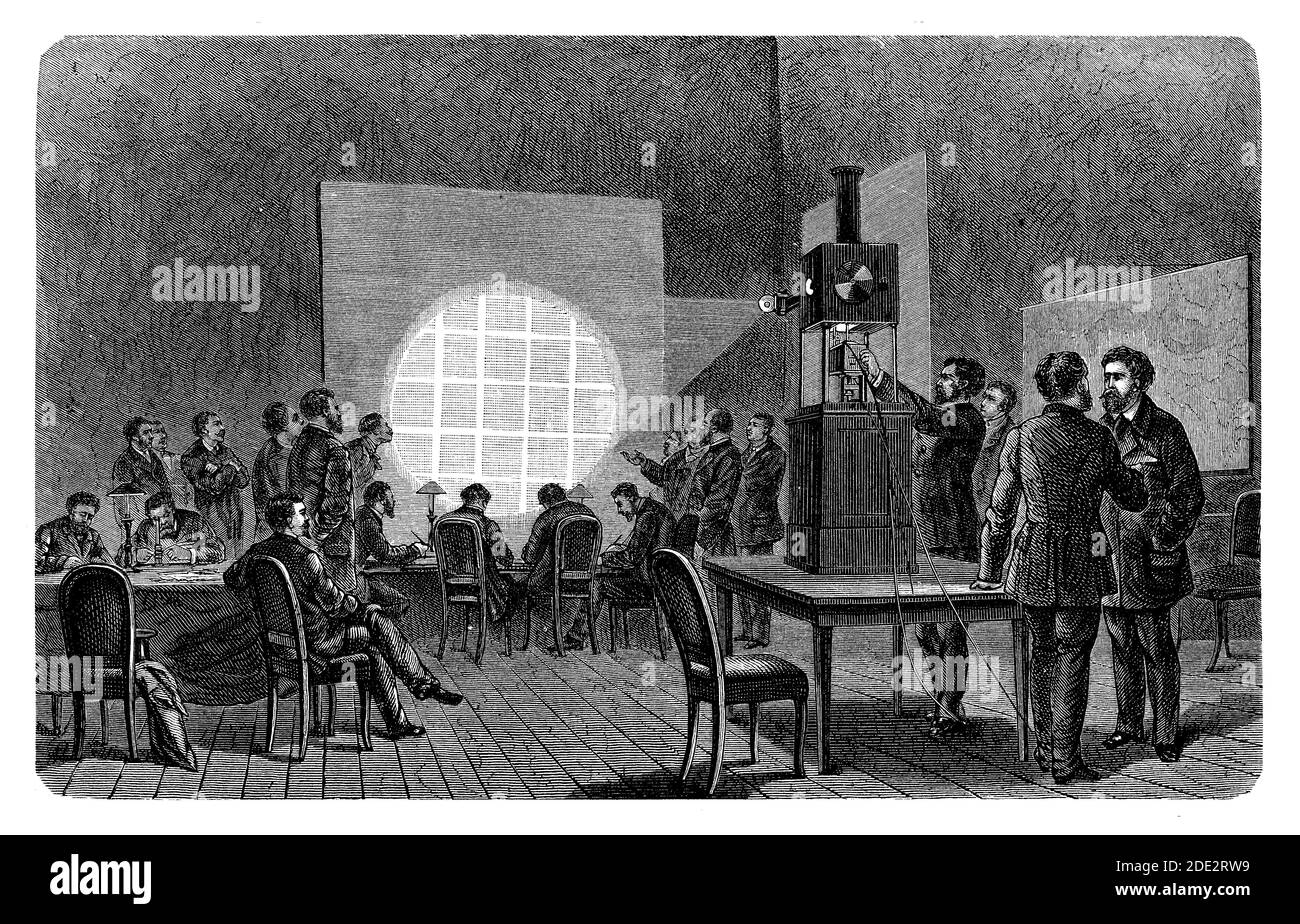 Projection with the magic lantern of encoded telegraphic messages, at ...