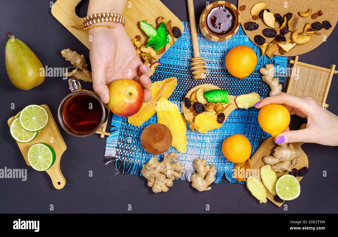 healthy dried fruits, snacks, healthy food. vegetarian food flat lay ...