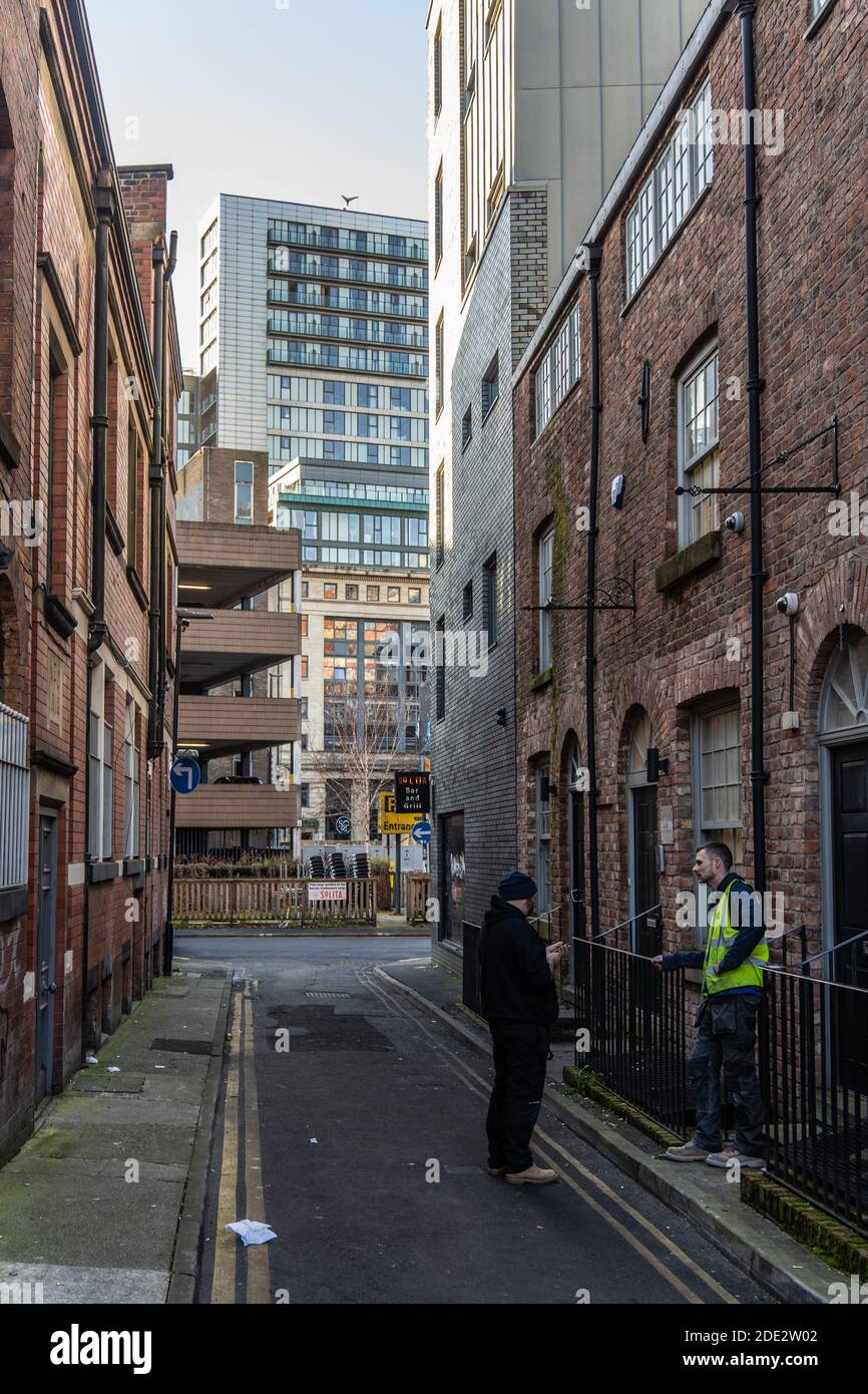 city centre housing on a very narrow back street, northern quarter ...