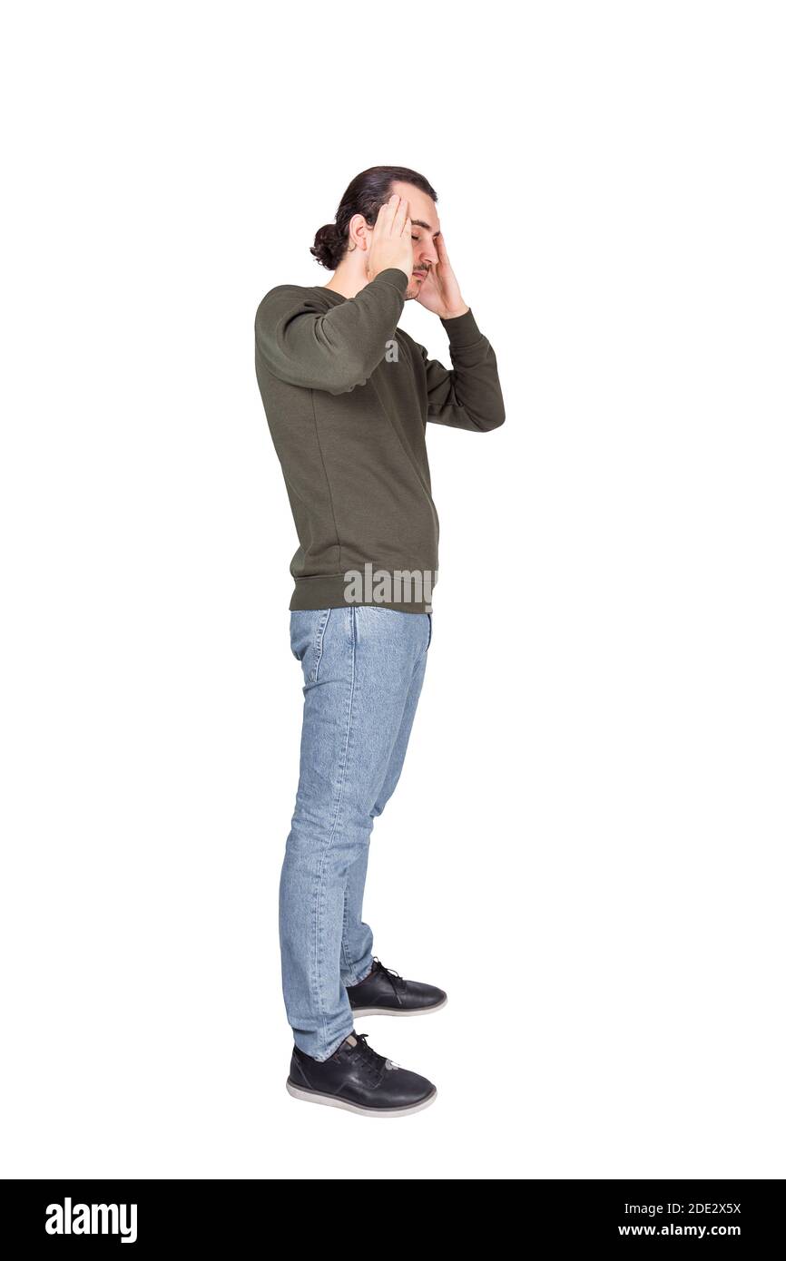 Side view full length portrait of stressed man feeling headache ...