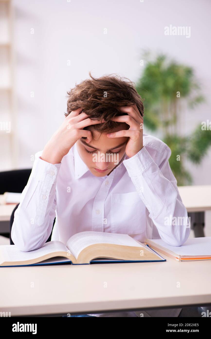 Schoolboy preparing for exam in the classroom Stock Photo - Alamy