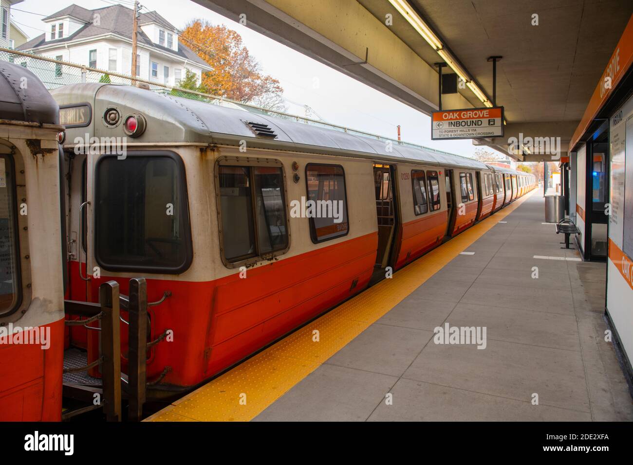Boston Metro MBTA Orange Line stops at Oak Grove Station in Malden ...