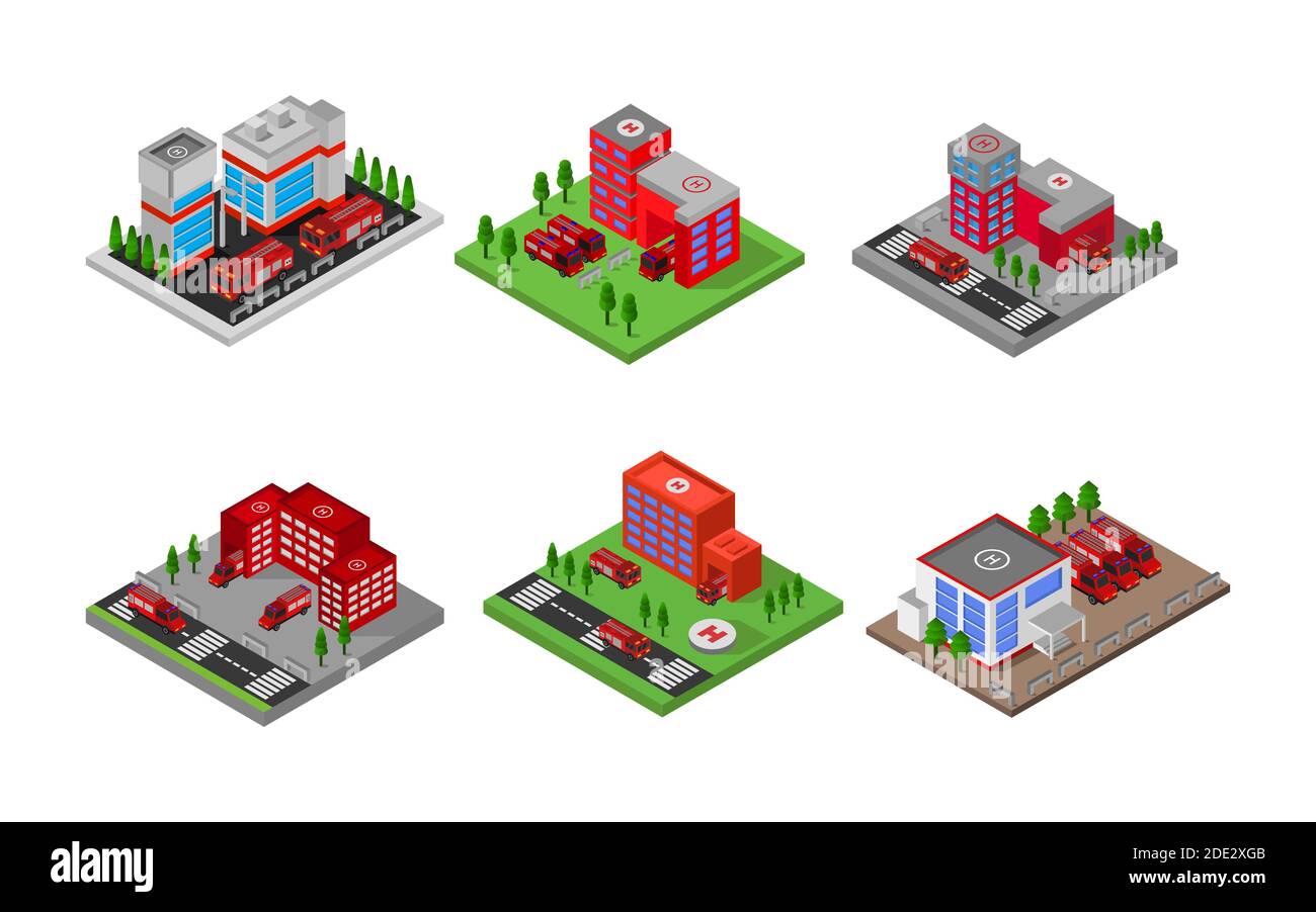 Set Of Isometric Fire Station Vector illustration Stock Vector Image ...