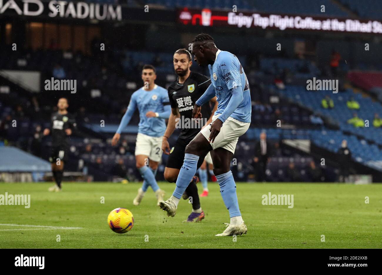 Manchester City's Benjamin Mendy scores his sides third goal during the Premier League match at ...