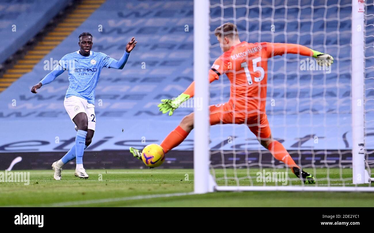 Manchester City's Benjamin Mendy scores his side's third goal of the game during the Premier ...