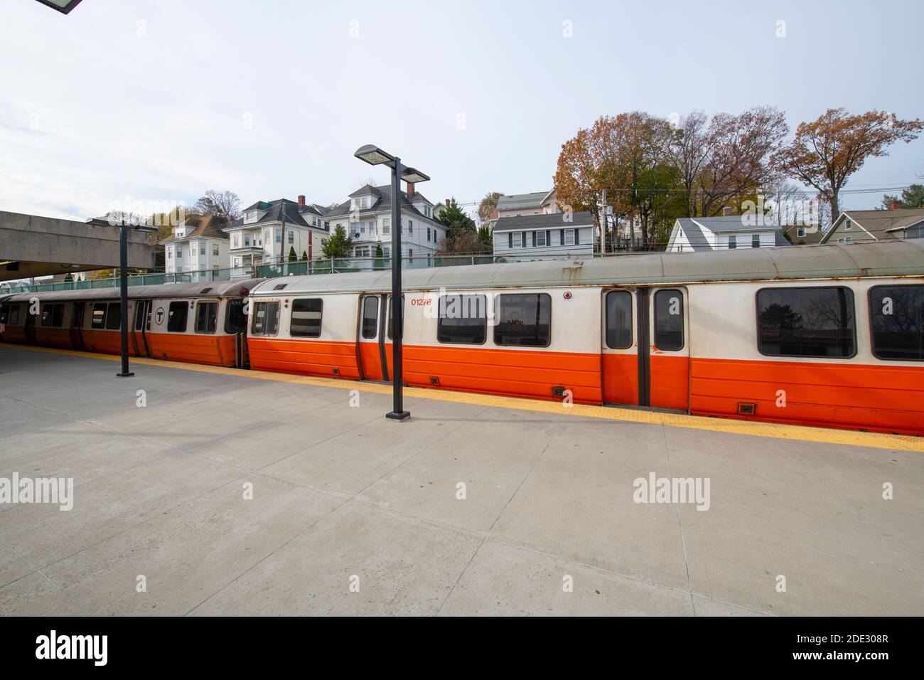 Boston Metro MBTA Orange Line stops at Oak Grove Station in Malden ...