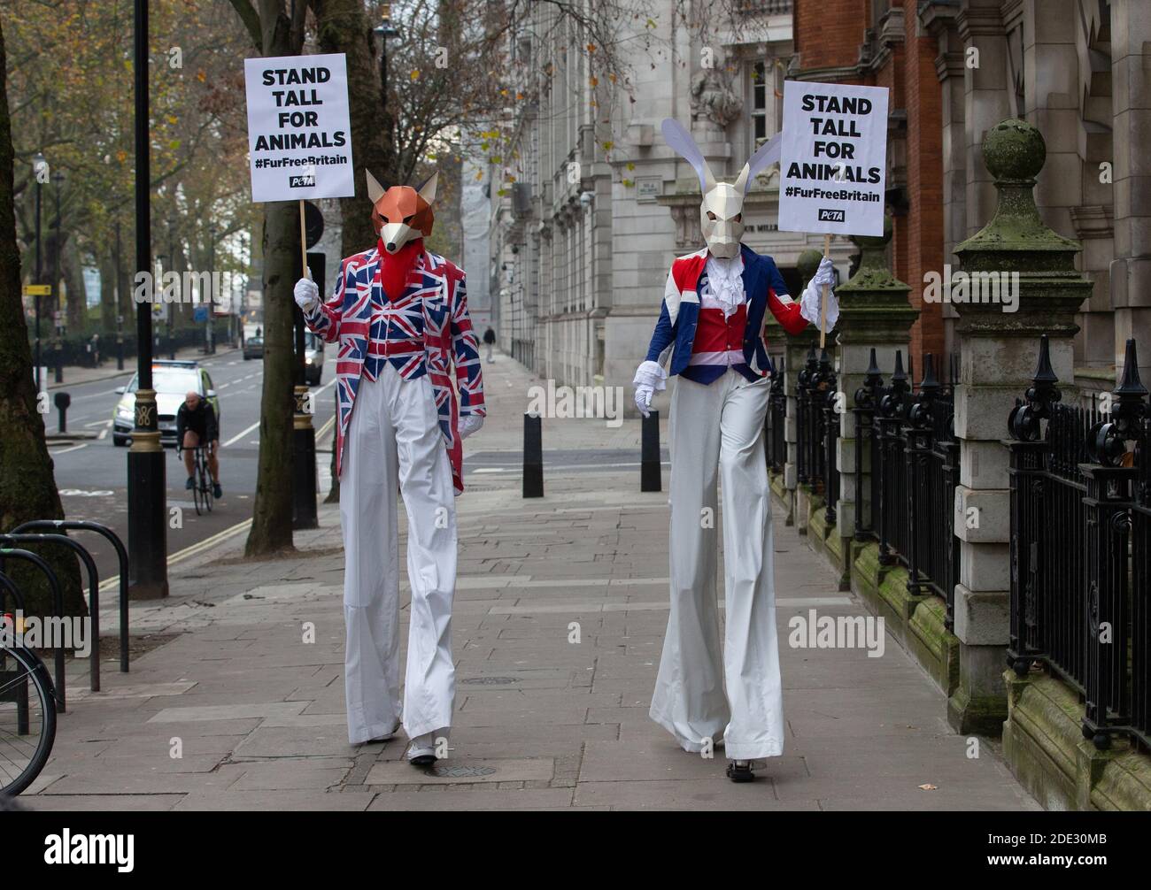 20th Anniversary of fur-free farming in the UK. Stilt-walkers dressed ...