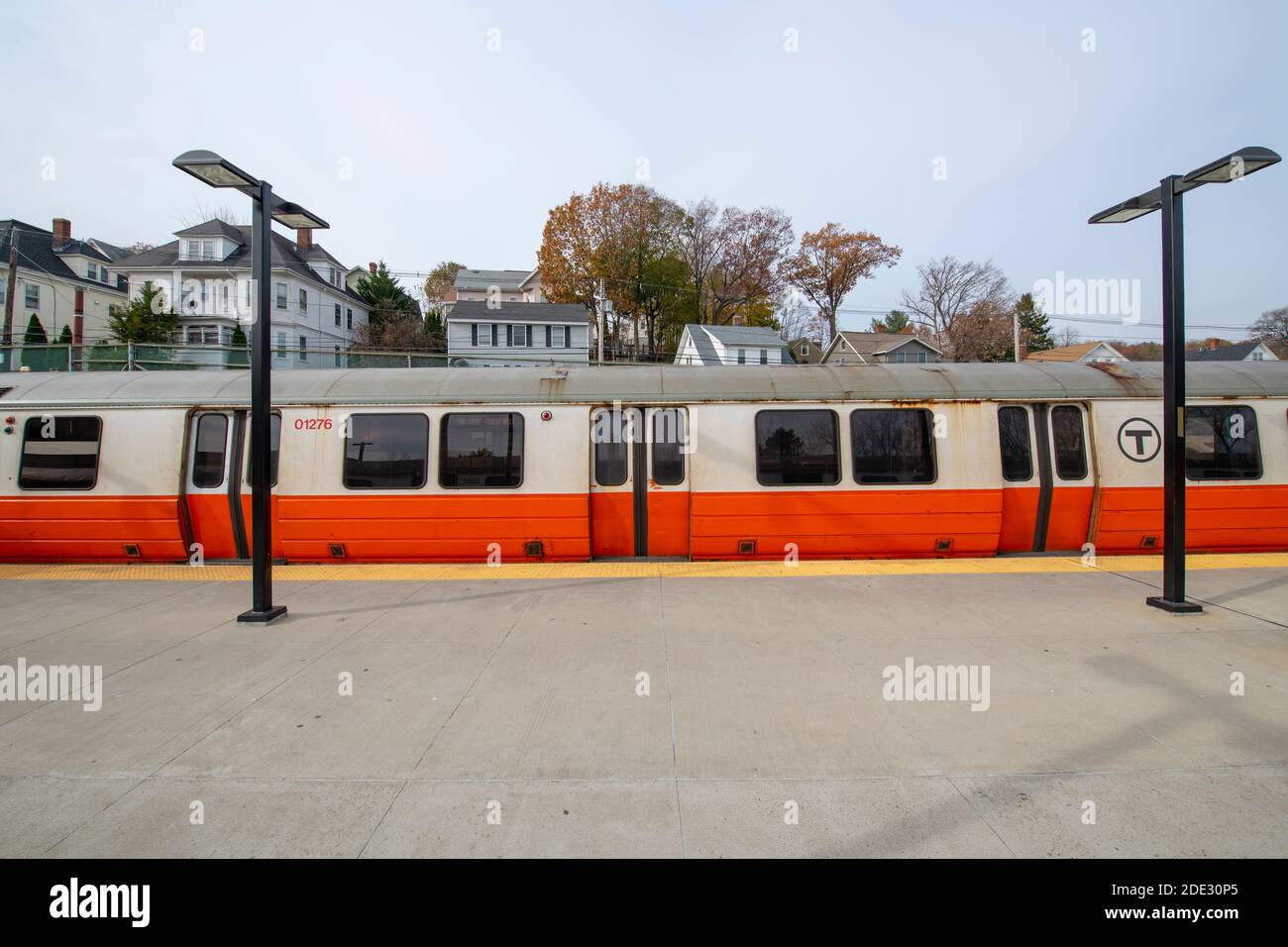 Boston Metro MBTA Orange Line stops at Oak Grove Station in Malden ...