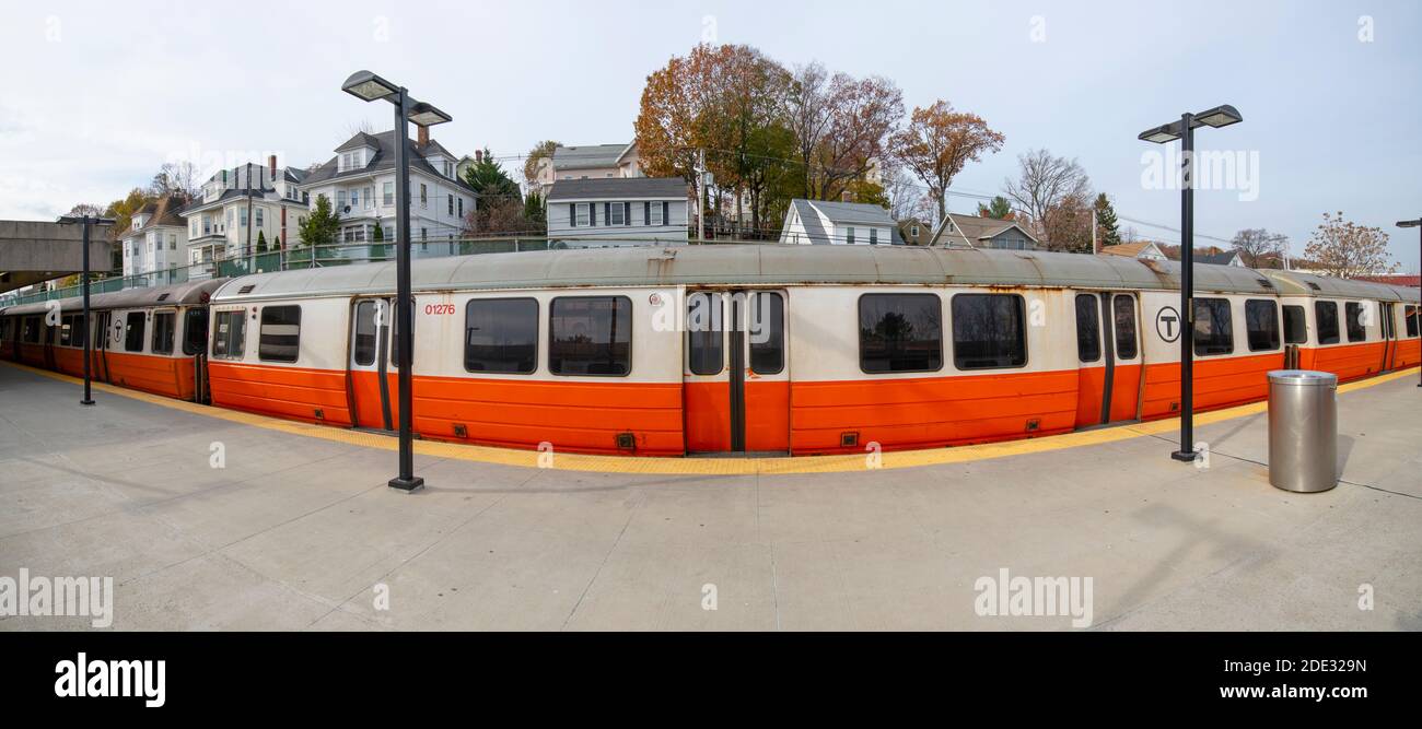 Boston Metro MBTA Orange Line stops at Oak Grove Station in Malden ...
