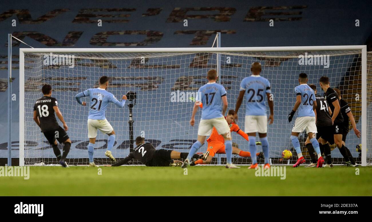 Manchester City's Ferran Torres scores his sides fourth goal during the ...