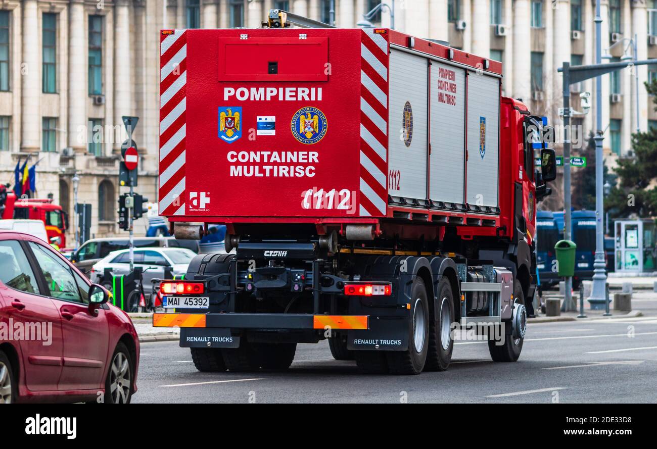 Romanian Firefighting emergency firemen (Pompierii) parked in front of ...