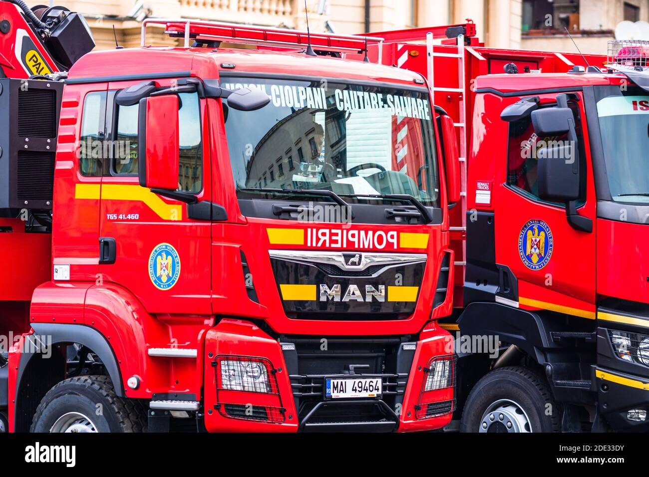 Romanian Firefighting emergency firemen (Pompierii) parked in front of ...