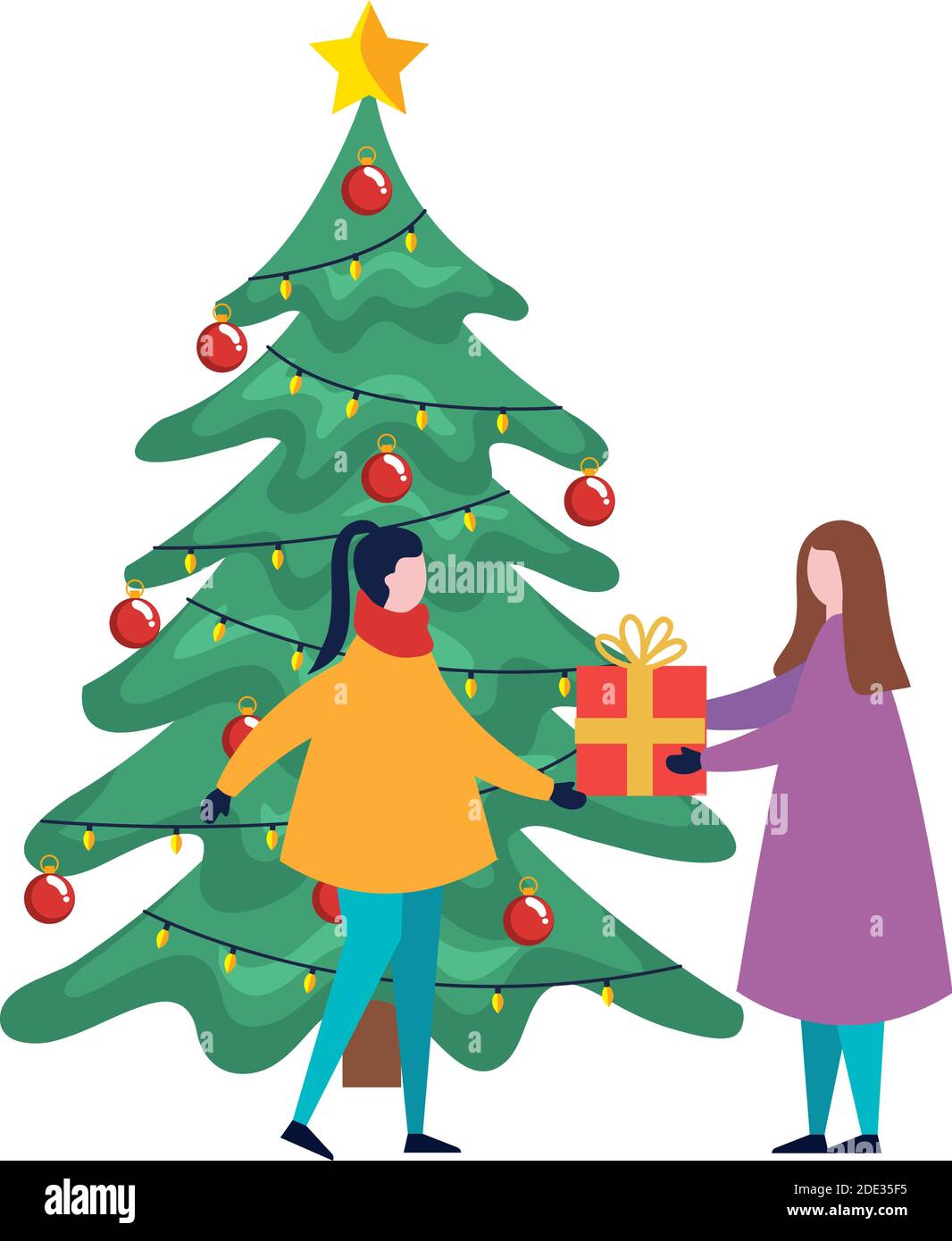 little girls wearing winter clothes decorating christmas tree Stock ...