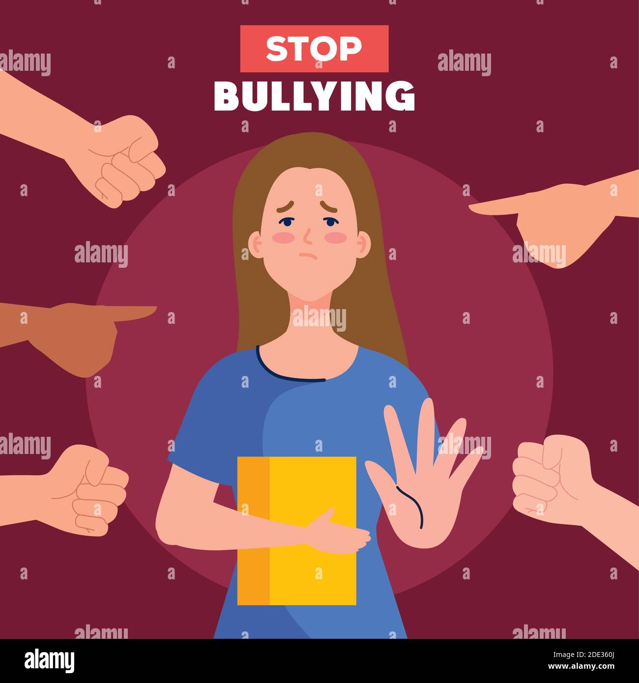 stop bullying and hands pointing at sad girl kid with book vector ...