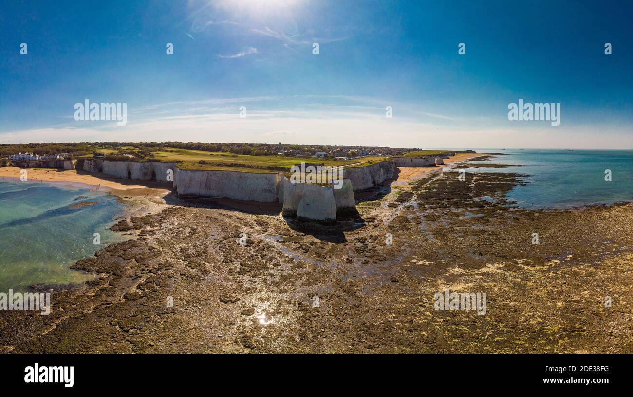 Drone aerial view of the beach and white cliffs on sunny day, Margate ...
